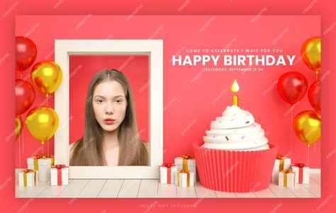 이랑이 있는 빨간색 소셜 미디어 포스트 템플릿을 위한 생일 축하 배너 케이크 초대 카드 프리미엄 Psd 파일