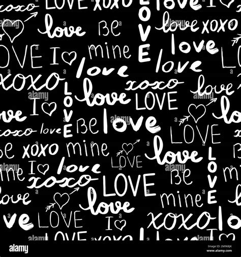 Text Love Script Cute Doodle Hand Drawn Seamless Pattern On Black