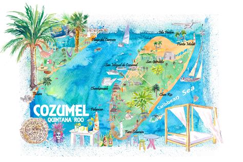 Mapa Ilustrado De Cozumel Quintana Roo México Con Carreteras Y