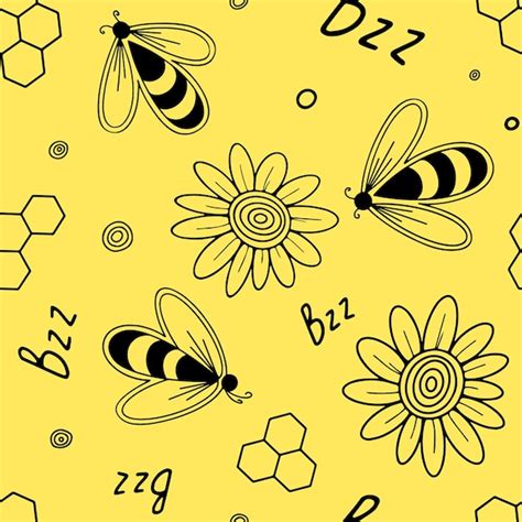 Premium Vector Seamless Pattern Of Bees Flowers And Honeycombs In