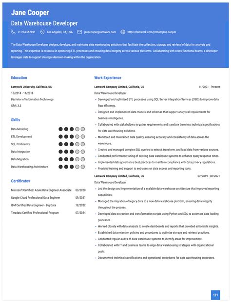 Data Warehouse Developer Resume Example