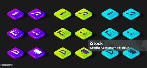 프로파일러 컴퓨터 모니터 화면 테스트 튜브 및 플라스크 안경 음악 노트 톤 및 문구 칼 아이콘을 설정합니다 벡터 3차원 형태에