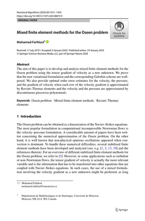 Pdf Mixed Finite Element Methods For The Oseen Problem