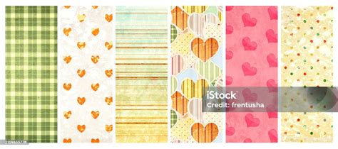 오래된 종이 질감과 스트립 점 및 하트가 있는 복고풍 패턴이 있는 수직 또는 수평 배너 세트입니다 그런 지 종이 소재를 사용한 빈티지 배경입니다 텍스트 공간 복사 개체