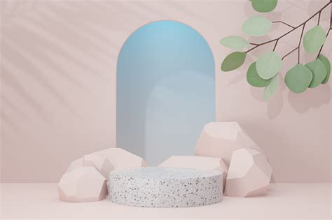 화장품 디스플레이 제품 스탠드 파스텔 배경에 돌과 녹색 잎 식물대리석 흰색 실린더 연단 3d 렌더링 그림 0명에 대한 스톡 사진 및 기타 이미지 Istock