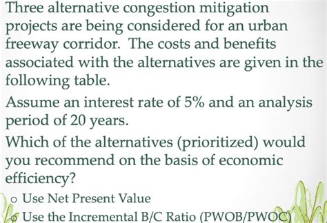 Solved Three Alternative Congestion Mitigation Projects Are