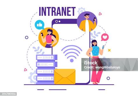 인트라넷 인터넷 네트워크 연결 기술 평면 만화 배경에서 기밀 회사 정보 및 웹 사이트를 공유하는 벡터 일러스트 0명에 대한 스톡 벡터 아트 및 기타 이미지 Istock