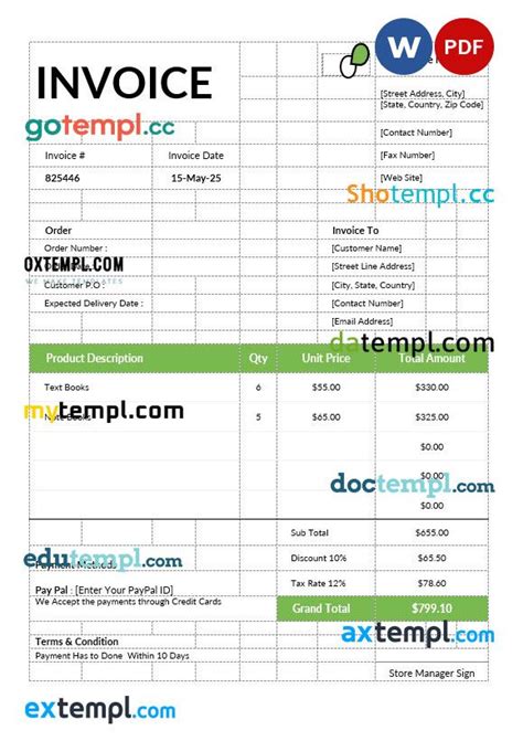 Book Store Invoice Template In Word And Pdf Format Oxtempl We Make Templates