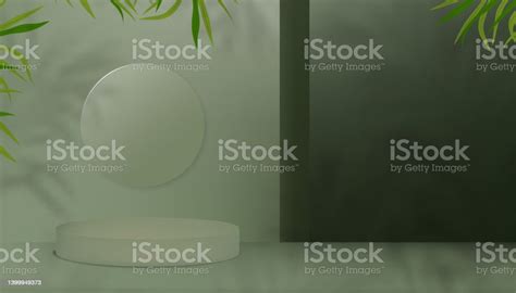 3d 연단 디스플레이가있는 스튜디오 룸 배경 녹색 벽 배경에 야자 잎 그림자 벡터 일러스트 레이 션 배너 스탠드 큐브 모형 봄을위한 최소 스타일 여름 제품 프리젠 테이션