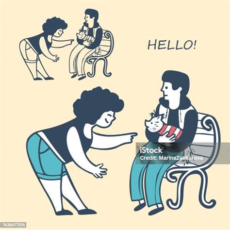 공원에있는 강아지에있는 여성과 남자 만화 스타일의 벡터 일러스트 레이 션 걷기에 대한 스톡 벡터 아트 및 기타 이미지 걷기