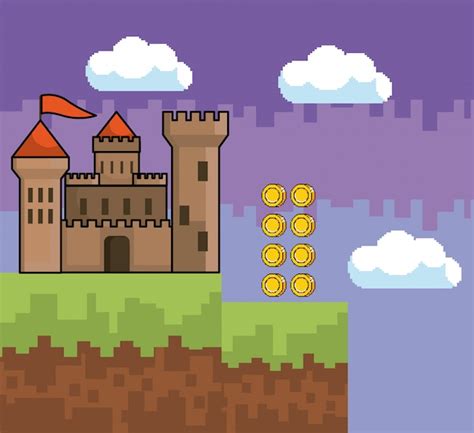 아케이드 게임 세계 및 픽셀 장면 무료 벡터