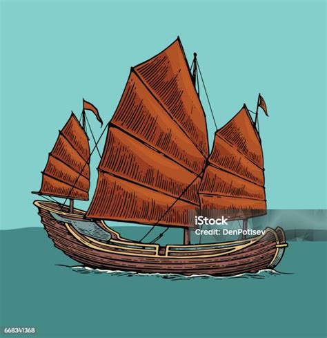 정크 바다 파도에 떠 있는입니다 손으로 배를 항해 하는 디자인 요소 도출 빈티지 벡터 일러스트 포스터 레이블 소인에 대 한 조각