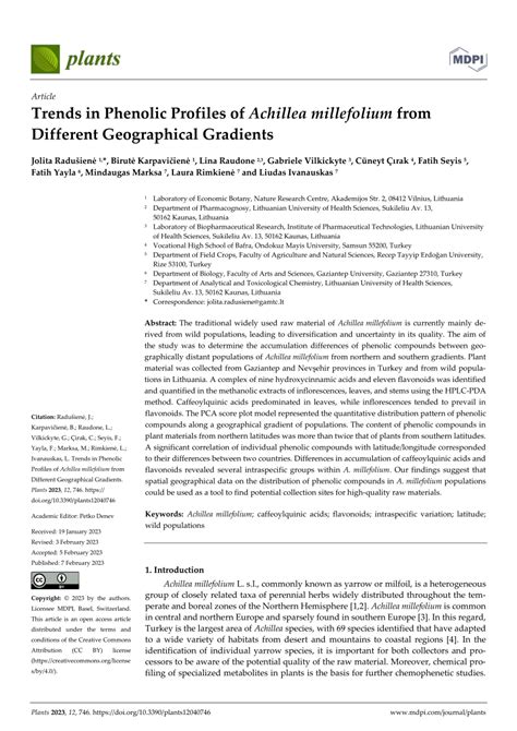 Pdf Trends In Phenolic Profiles Of Achillea Millefolium From Different Geographical Gradients