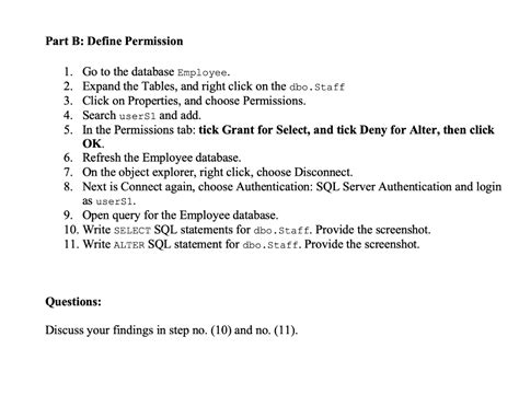 solved part b define permission 1 go to the database