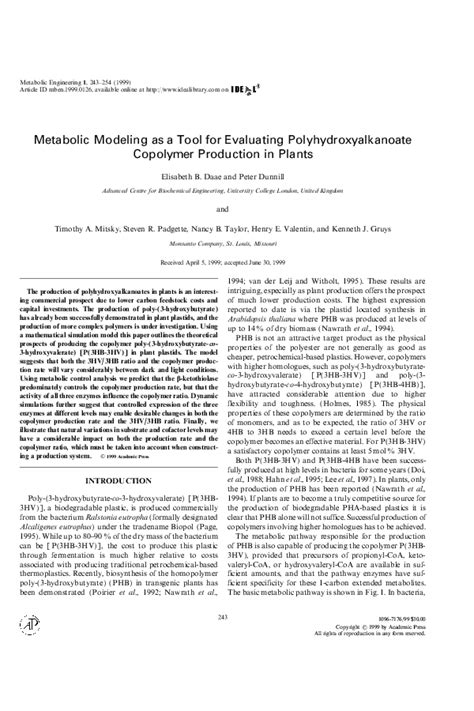 Pdf Metabolic Modeling As A Tool For Evaluating Polyhydroxyalkanoate Copolymer Production In