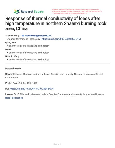 Pdf Response Of Thermal Conductivity Of Loess After High Temperature In Northern Shaanxi