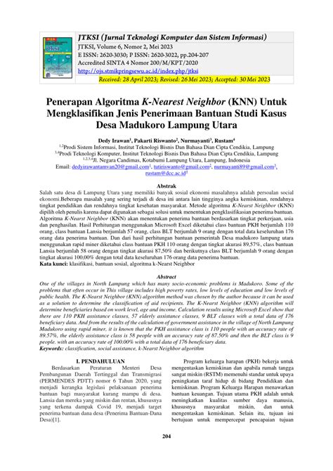 Pdf Penerapan Algoritma K Nearest Neighbor Knn Untuk Mengklasifikan