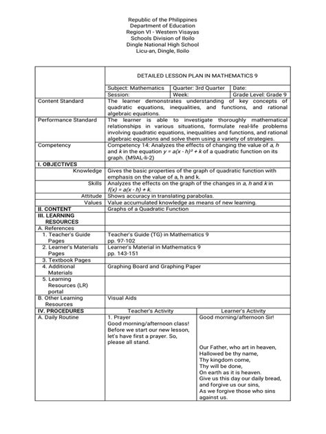 Detailed Lesson Plan In Lesson 2 Graphs Of Quadratic Function 2 3 Mathematics 9 Pdf