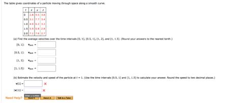 the table gives coordinates of a particle moving through space along a