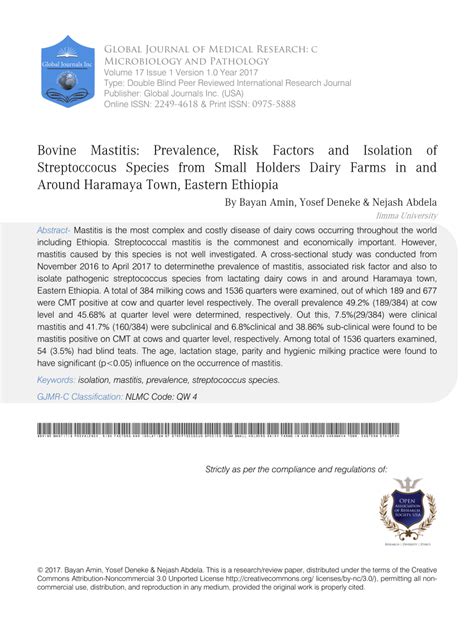 Pdf Bovine Mastitis Prevalence Risk Factors And Isolation Of