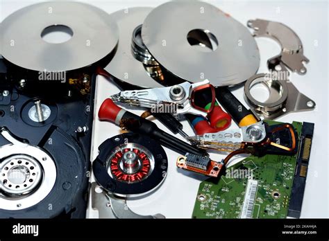Damaged Hard Disk Drive Components With Disks Read Write Head Spindle Motor Suspension Pivot
