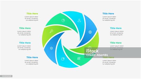 원형 다이어그램은 8개의 세그먼트로 나뉩니다 비즈니스 프로젝트 인포그래픽의 8가지 옵션 템플릿 0명에 대한 스톡 벡터 아트 및