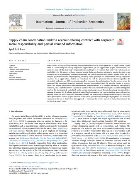 Pdf Supply Chain Coordination Under A Revenue Sharing Contract With Corporate Social