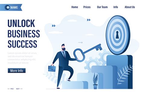 비즈니스 성공 방문 페이지 템플릿을 잠금 해제하십시오 사업 목표를 달성하십시오 성공적인 경력 목표 달성 직장에서의 성공을위한 비밀 과녁에 큰 열쇠를 넣는 사업가 과녁에 대한