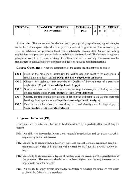 10 221ECS006 Advanced Computer Networks 221ECS006 ADVANCED COMPUTER NETWORKS CATEGORY L T P