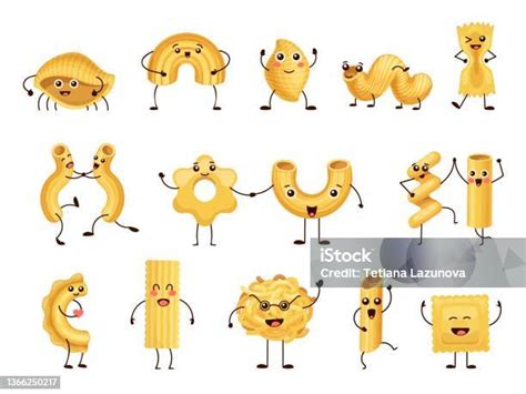 만화 재미있는 파스타 캐릭터 이탈리아 마카로니 마스코트 이모티콘 얼굴 손 다리 벡터 세트가 있는 코믹 해피 스파게티 펜네 푸실리 파스타에 대한 스톡 벡터 아트 및 기타
