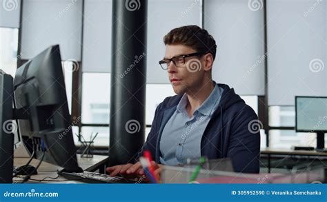 Software Engineer Working Office Focused Man Developer Typing Desktop