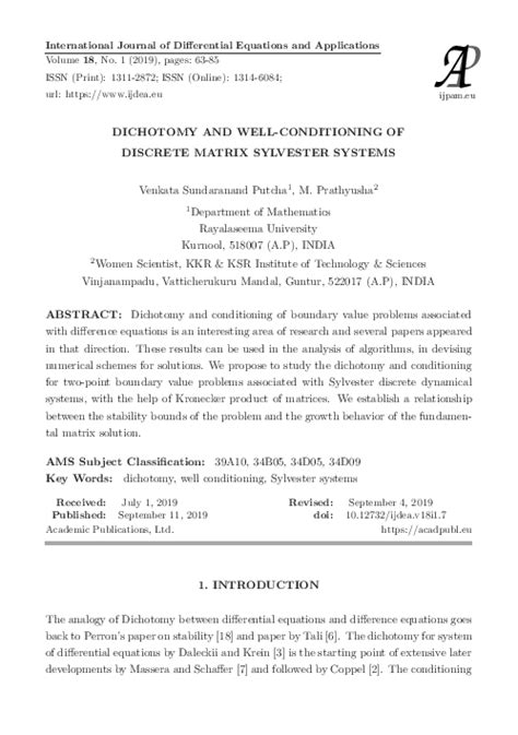 Pdf Dichotomy And Well Conditioning Of Discrete Matrix Sylvester Systems