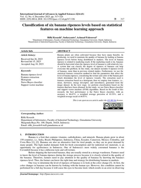 Classification Of Six Banana Ripeness Levels Based On Statistical Features On Machine Learning