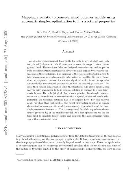 Pdf Mapping Atomistic To Coarse Grained Polymer Models Using