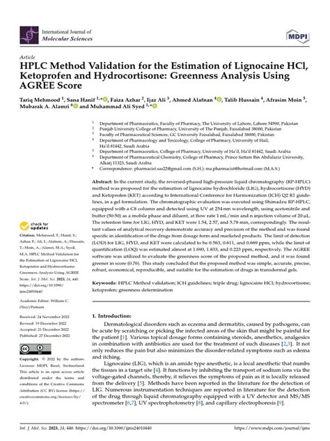 2023 Hplc Method Validation For The Estimation Of Lignocaine Hcl Ketoprofen And Hydrocortisone