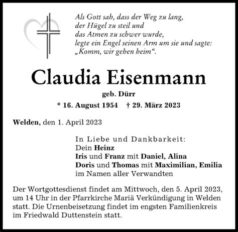 Traueranzeigen Von Claudia Eisenmann Augsburger Allgemeine Zeitung