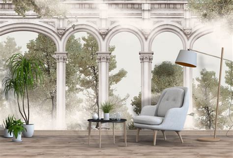 Arched Columns And Green Trees Wallpaper Mural Silk Interiors Wallpaper