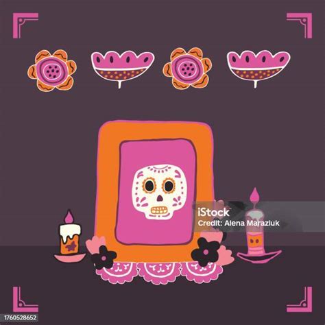 멕시코 디아 데 로스 무에르토스 제단과 설탕 두개골과 양초 정사각형 프레임 두개골 꽃 화환 깃발 멕시코 국경일 죽음의 날 축하 엽서 배너 벡터 그림입니다 11월에 대한 스톡