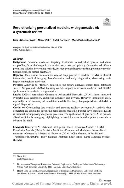Pdf Revolutionizing Personalized Medicine With Generative Ai A Systematic Review