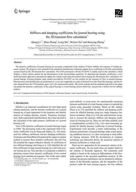 Pdf Stiffness And Damping Coefficients For Journal Bearing Using The 3d Transient Flow Calculation