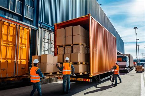 Workers Engaged In Loading Boxes Into A Shipping Container At The