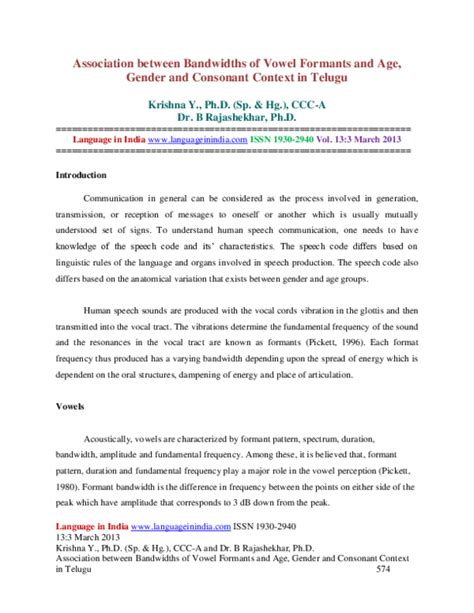 Pdf Association Between Bandwidths Of Vowel Formants And Age Gender