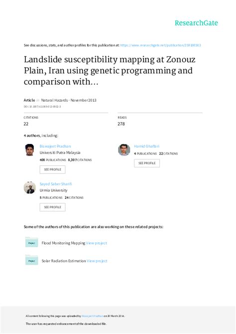 Pdf Landslide Susceptibility Mapping At Zonouz Plain Iran Using Genetic Programming And