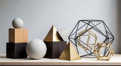 Geometric Shapes Arrangement With Spheres Pyramids And Wireframes In