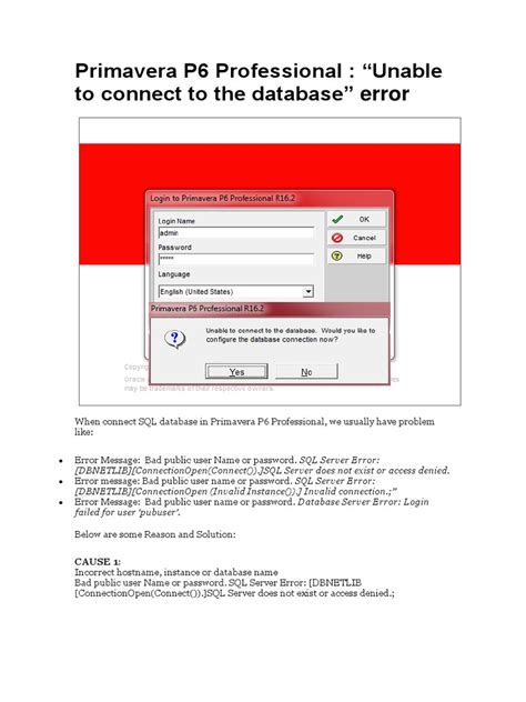 Primavera P6 Professional Unable To Connect To Database Pdf