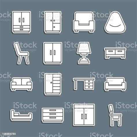 라인 의자 소파 가슴 서랍 안락 의자 옷장 및 테이블 램프 아이콘을 설정합니다 벡터 가구에 대한 스톡 벡터 아트 및 기타 이미지 Istock