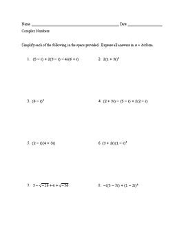 Complex Numbers Worksheet With Answer Key TPT