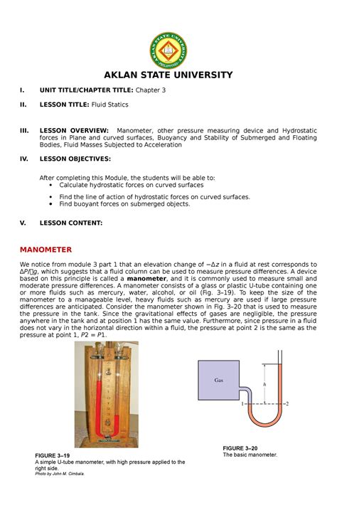 Fluid Mechanics Fluid Statics AKLAN STATE UNIVERSITY I UNIT TITLE CHAPTER TITLE Chapter