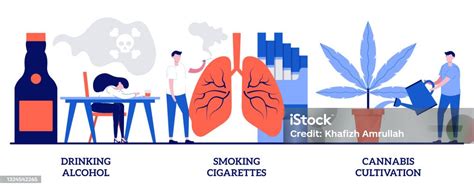 음주 흡연 담배 작은 사람들과 대마초 재배 개념 술 의존 추상 벡터 일러스트레이션 세트입니다 니코틴 중독 마리화나 성장 은유 개념에 대한 스톡 벡터 아트 및 기타 이미지