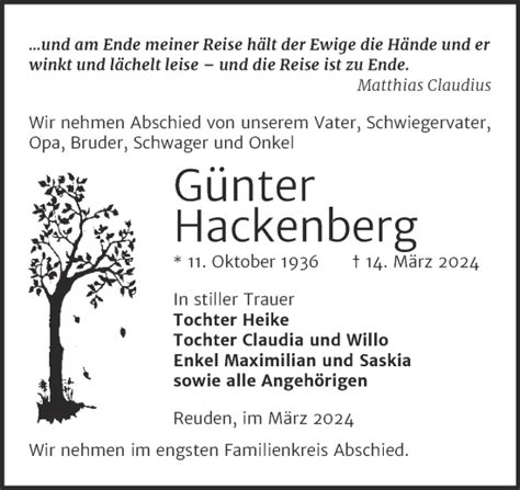 Traueranzeigen Von Günter Hackenberg Abschied Nehmen De